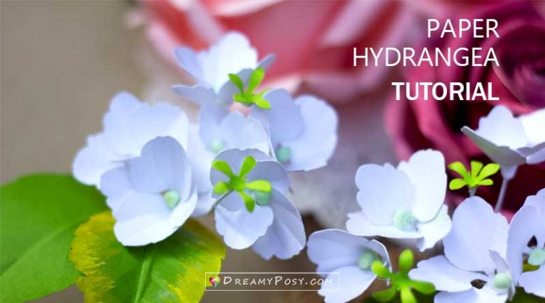Paper Hydrangea tutorial, full pictures and video and template.